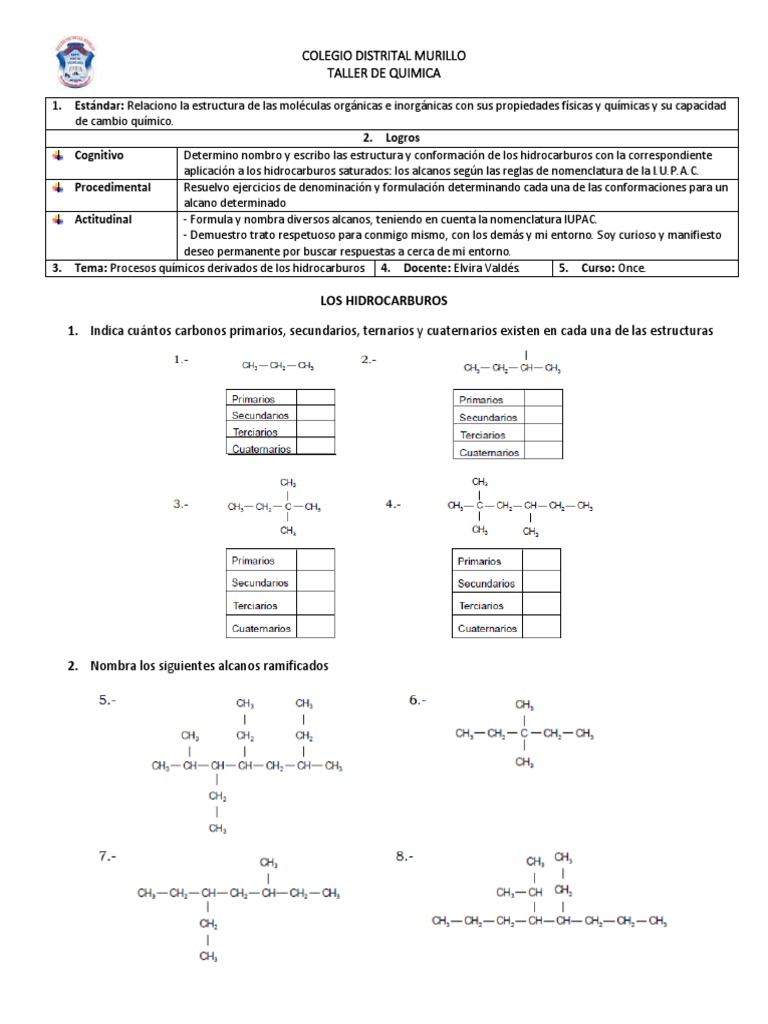 Taller Sobre Nomenclatura Grado 11 | PDF | Alcano | Hidrocarburos