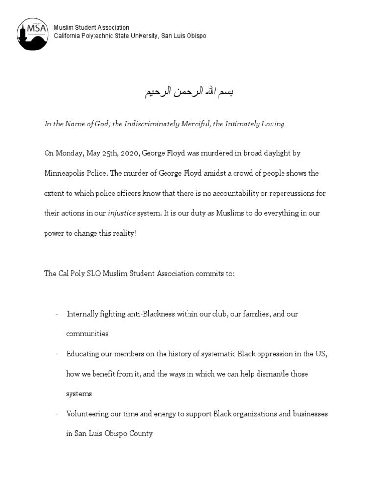 CPSLO MSA Official Statement | PDF | Religion And Belief