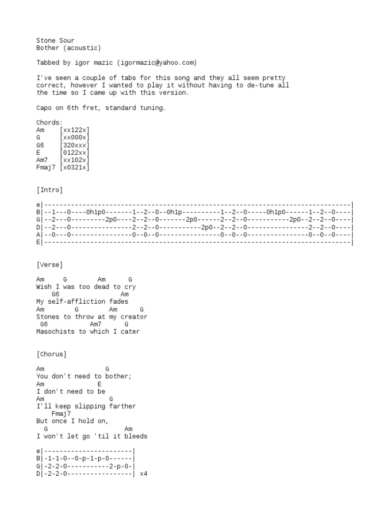 Stone Sour Bother Acoustic Tab | PDF | Guitar Family Instruments ...