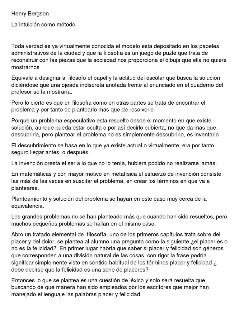 Henry Bergson La Intuicion Como Método | PDF | Felicidad | Analogía