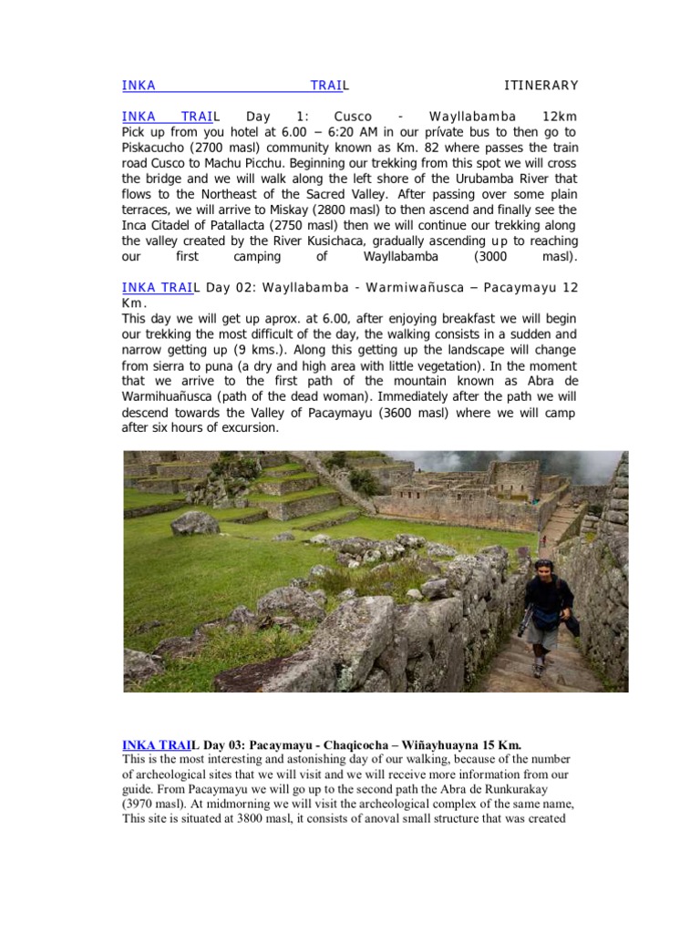 Inka Trail Itinerary | PDF | Machu Picchu | Nature