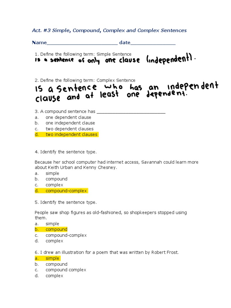 Name - Date - : Act. #3 Simple, Compound, Complex and Complex Sentences ...