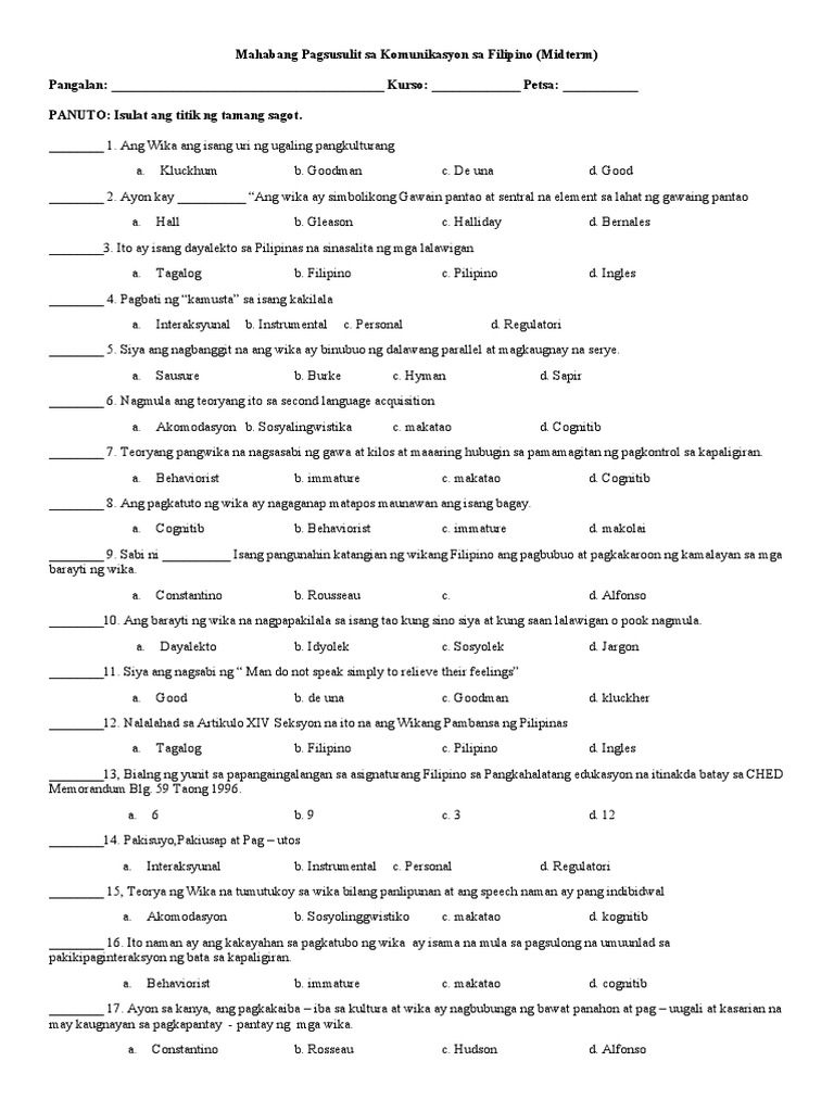 Mahabang Pagsusulit Sa Komunikasyon Sa Filipino | PDF