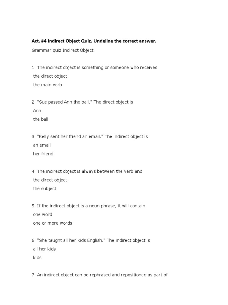Indirect Object Grammar Quiz | PDF