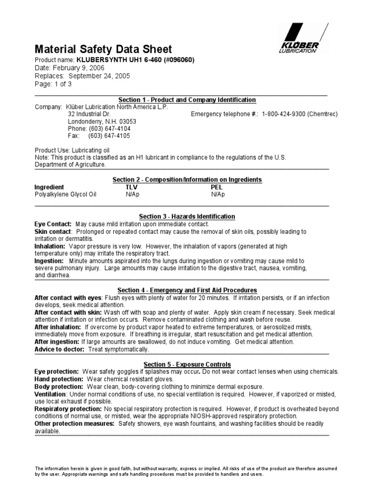 KlüberSynth UH1 6-460 MSDS Overview | PDF | Hazardous Waste | Firefighting