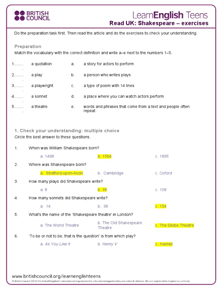 Read UK: Shakespeare - Exercises: Preparation | PDF | The Merchant Of ...