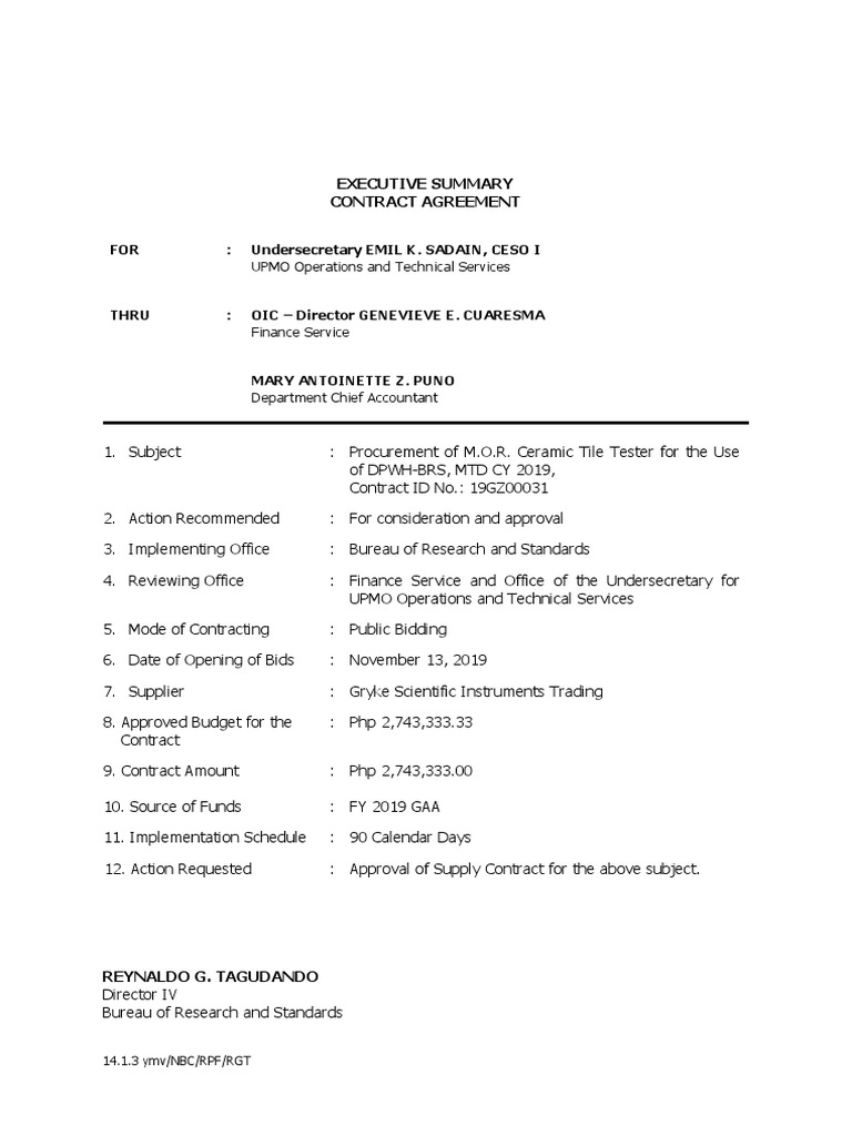 Executive Summary Contract Agreement: FOR: Undersecretary EMIL K ...