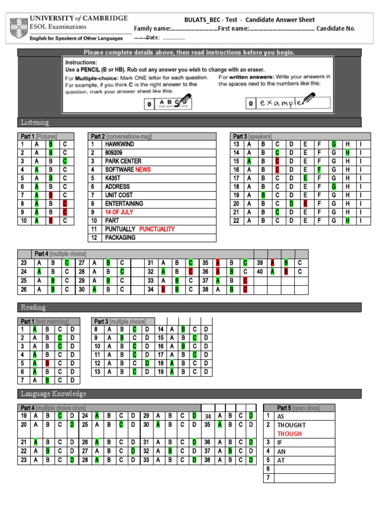 BULATS_BEC Test Candidate Sheet | PDF | Tests | Educational Assessment ...