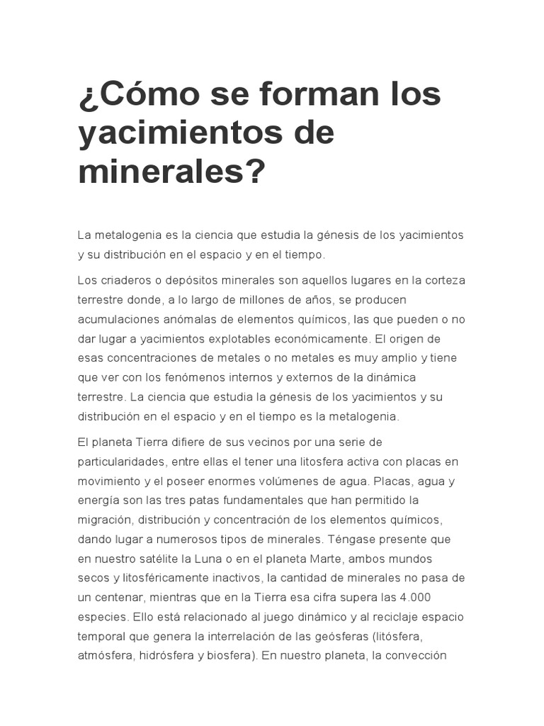 Cómo Se Forman Los Yacimientos de Minerales | PDF | Minerales | Tierra
