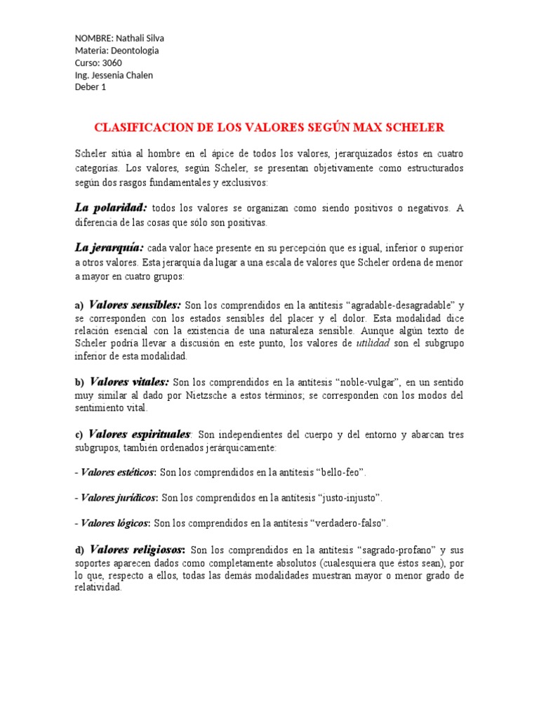 Clasificacion de Los Valores Según Max Scheler - Deber 1 - Silva ...