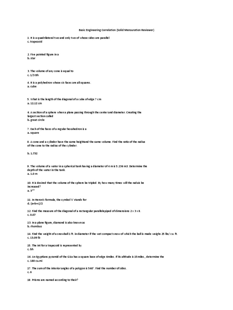 Basic Engineering Correlation (Solid Mensuration) | PDF | Area | Sphere