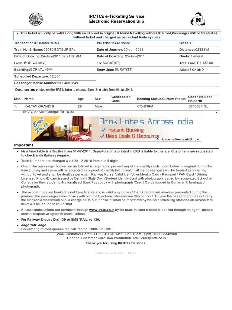 Irctcs E-Ticketing Service Electronic Reservation Slip: Important | PDF | Identity Document ...