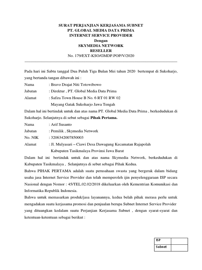 05 - Surat Perjanjian Kerjasama GMDP-Skymedia Networks - 179 - 2020 | PDF | Pengelolaan Keuangan ...