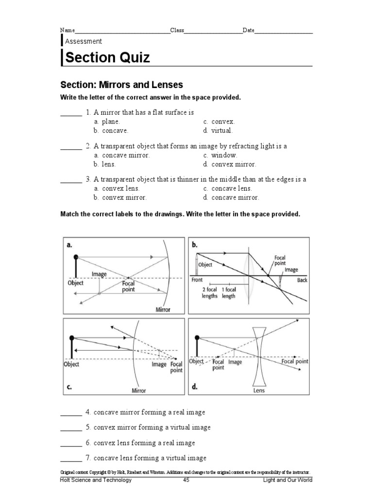 Section Quiz: Section: Mirrors and Lenses | PDF | Art