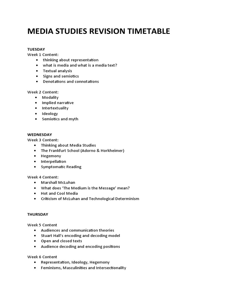 Media Studies Revision Timetable | PDF