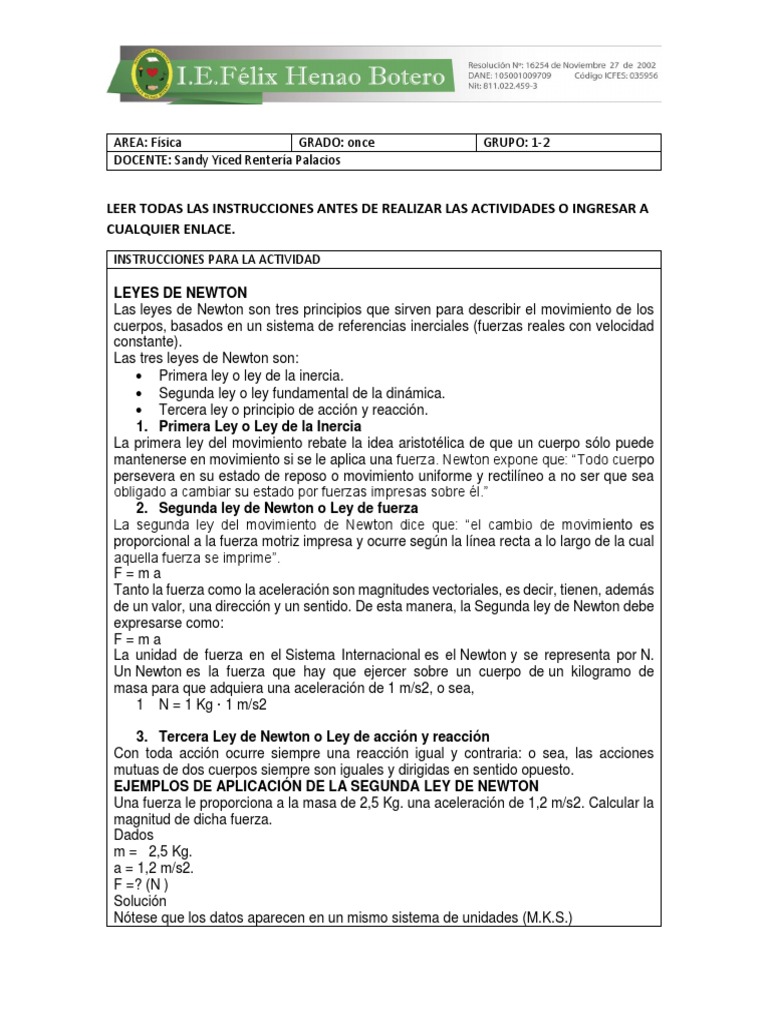 Actividad Practica Grado 11 | PDF | Las leyes del movimiento de Newton ...