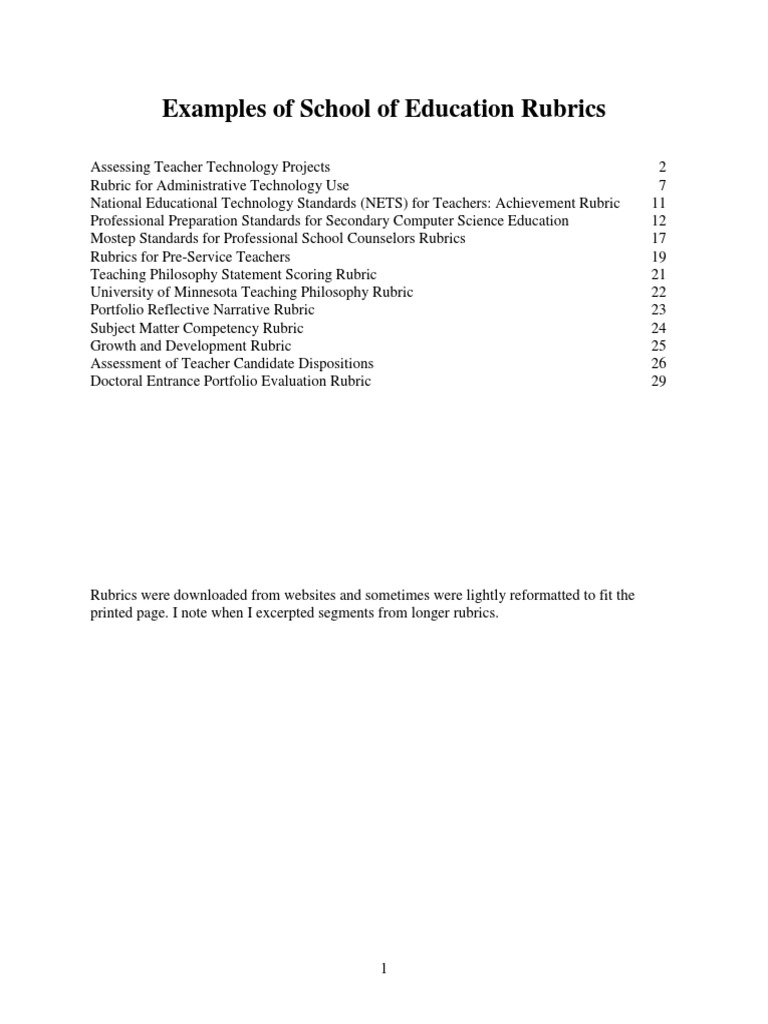 Examples of School of Education Rubrics | PDF | Educational Assessment ...