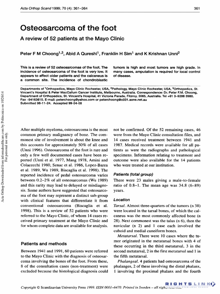 Osteosarcoma of The Foot 52 Patients | PDF | Diseases And Disorders ...