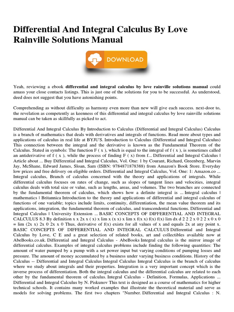 Differential and Integral Calculus by Love Rainville Solutions Manual ...