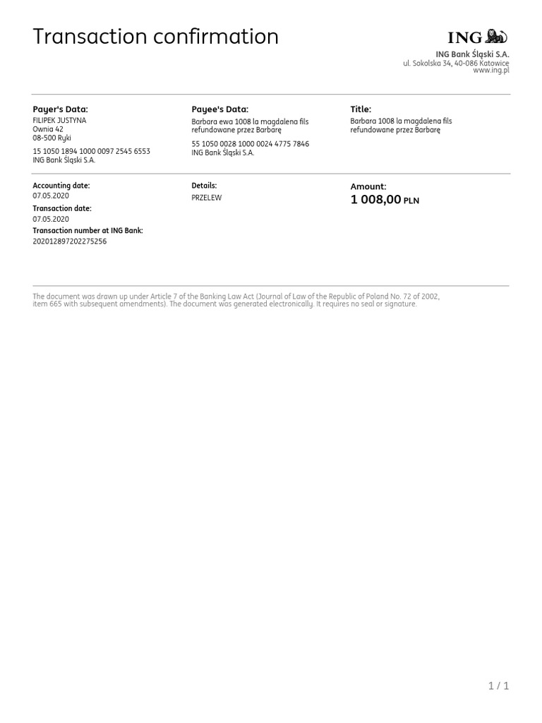 Transaction Confirmation: Payer's Data: Payee's Data: Title | PDF