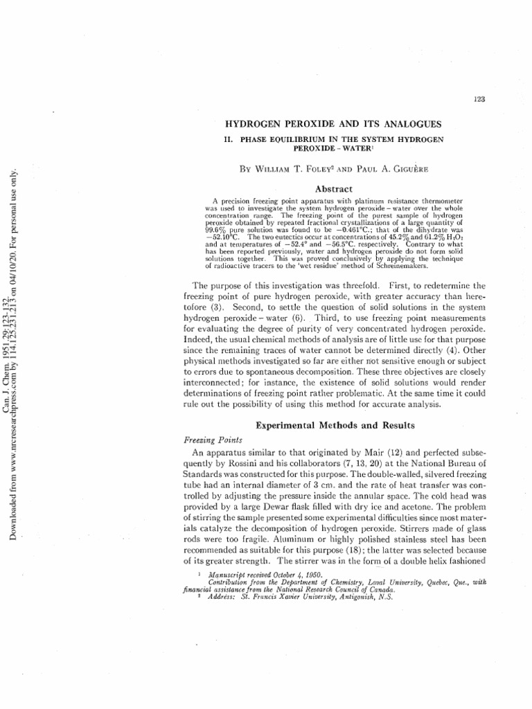Hydrogen Peroxide and Its Analogues: Freezing Points | PDF | Melting ...