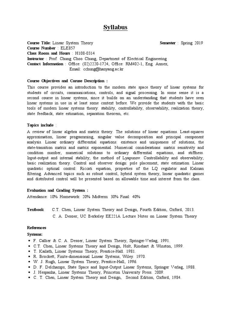 Syllabus (Linear System Theory) 2019 SPRING | PDF | Eigenvalues And ...