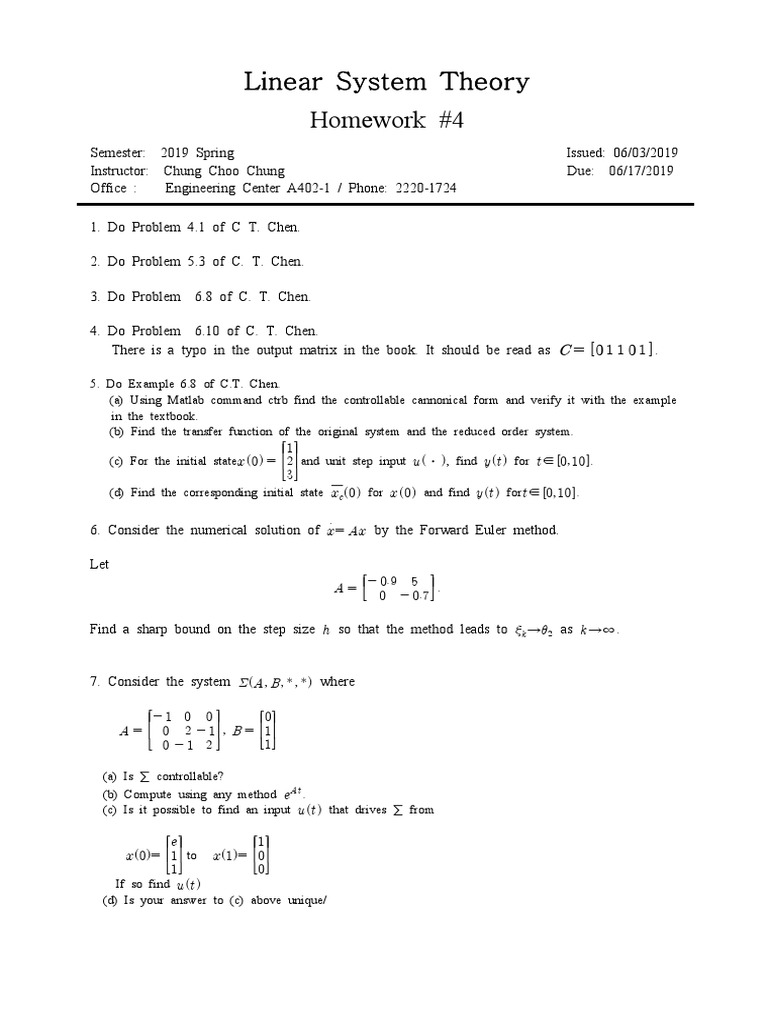 Linear System Theory Homework #4 | PDF | Theoretical Physics | Linear ...