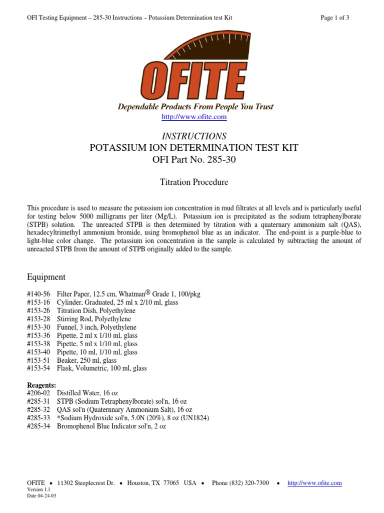 285-30 - Potassium Ion Test Kit | PDF | Ammonium | Titration