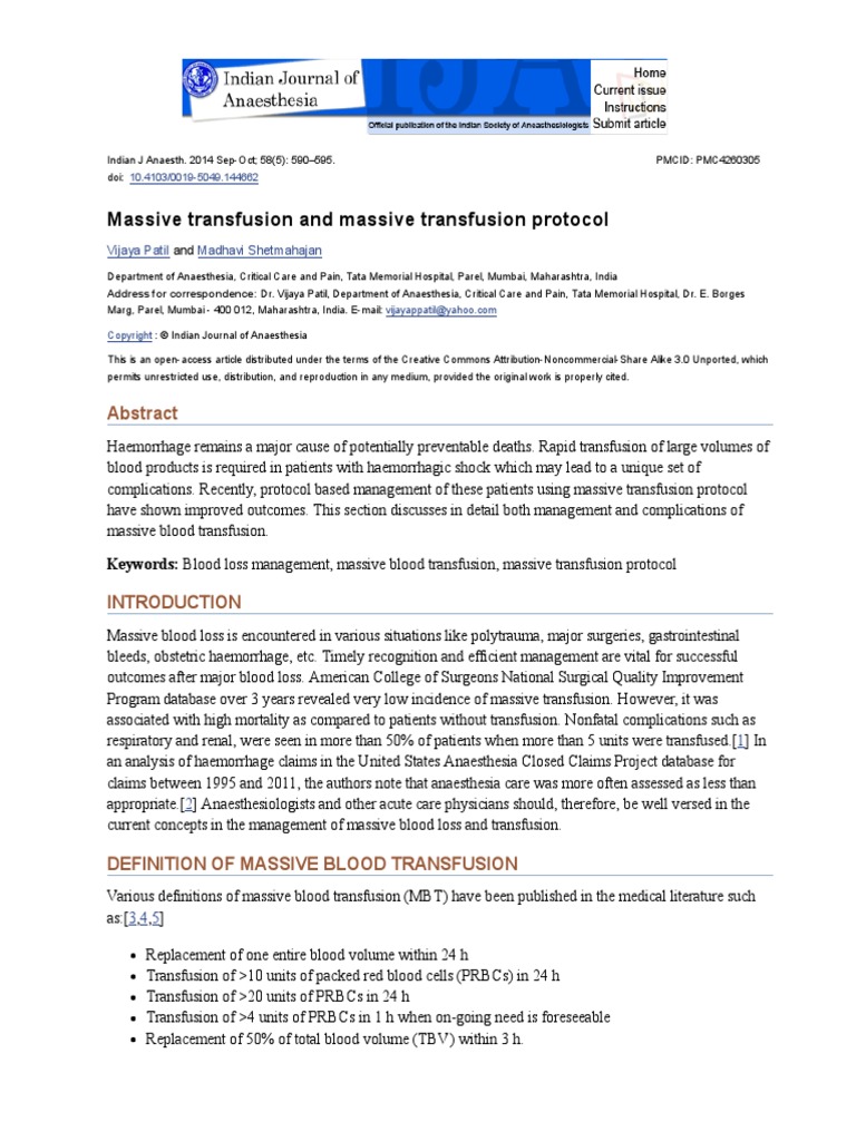 Massive Transfusion and Massive Transfusion Protocol | Download Free ...