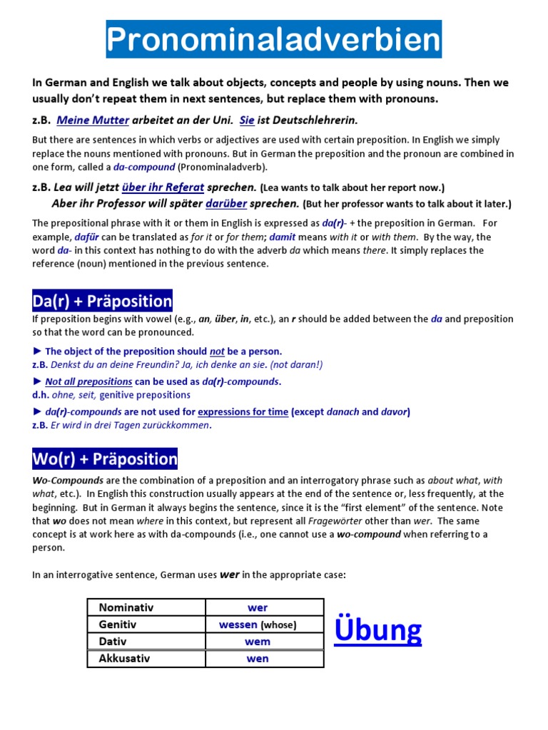 Pronominaladverbien PDF | PDF | Preposition And Postposition | English ...