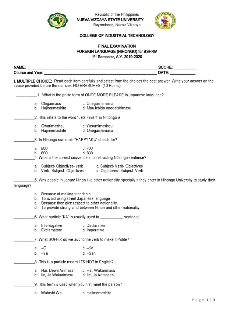 Nihongo Final Exam for BSHRM Students | PDF | Japanese Language ...