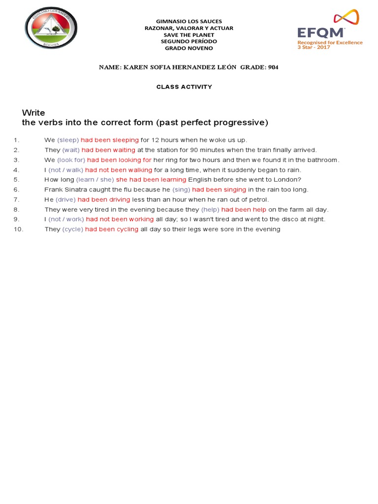 Write The Verbs Into The Correct Form (Past Perfect Progressive) | PDF