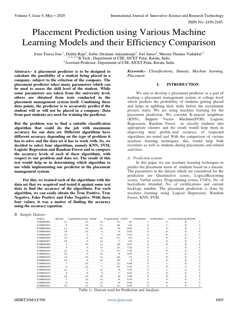 Placement Prediction Using Various Machine Learning Models and Their Efficiency Comparison | PDF