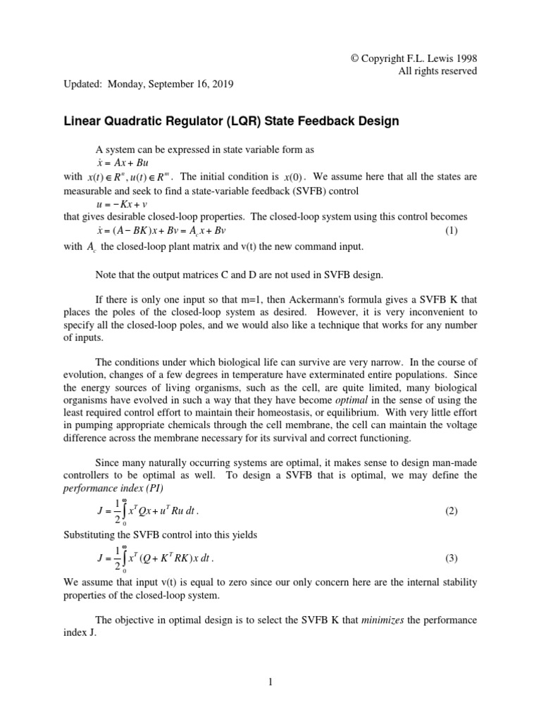 Linear Quadratic Regulator (LQR) State Feedback Design: R T U R T X | PDF | Control Theory ...