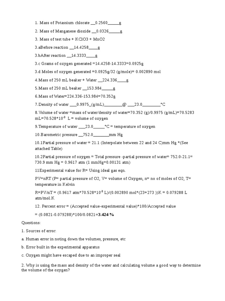 Experiment Molar Volume of Oxygen | PDF | Mole (Unit) | Water Vapor