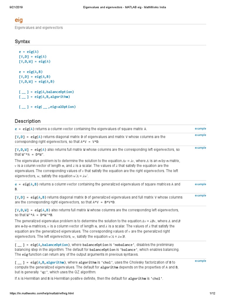 Eigenvalues and Eigenvectors - MATLAB Eig - MathWorks India | PDF | Eigenvalues And Eigenvectors ...