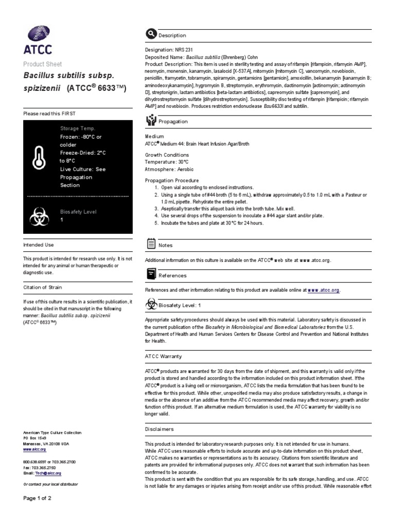 Bacillus Subtilis Subsp. Spizizenii (ATCC: Product Sheet | PDF | Atcc ...