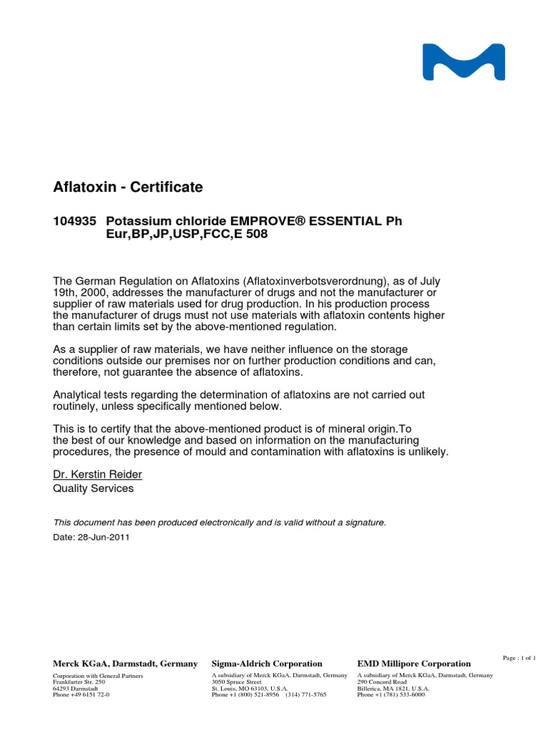 Aflatoxin - Certificate: 104935 Potassium Chloride EMPROVE® ESSENTIAL ...
