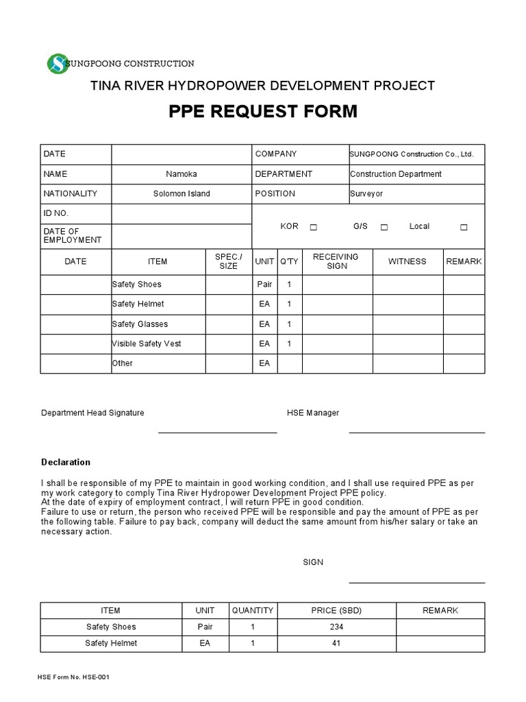 HSE Form No.1 PPE Request | PDF | Personal Protective Equipment | Business