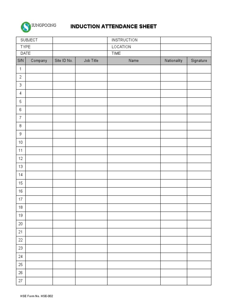 HSE Form No.2 Induction Attendance Sheet | PDF