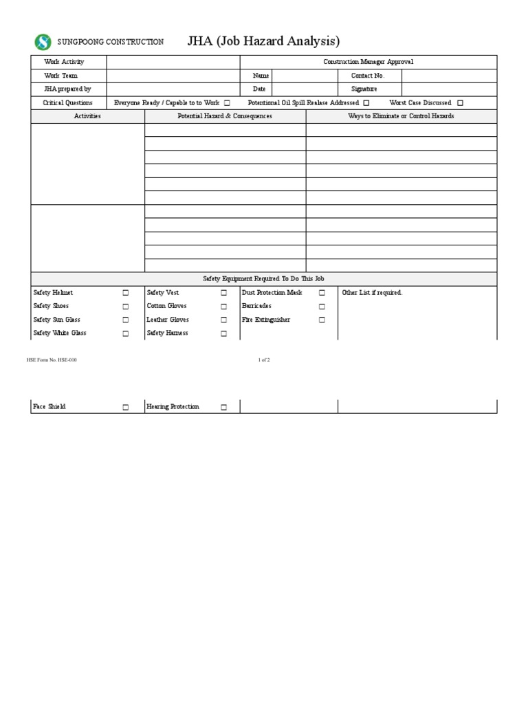 JHA (Job Hazard Analysis) : Sungpoong Construction | PDF