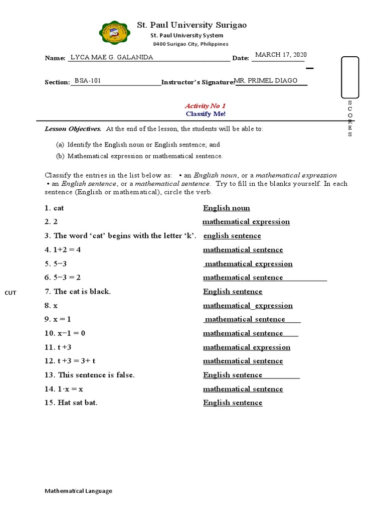 St. Paul University Surigao: Name: - Date | PDF | Sentence (Linguistics ...