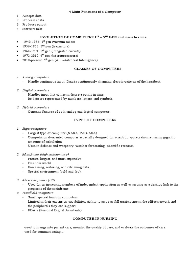 4 Main Functions of A Computer: 1. Analog Computers | PDF | Nursing ...