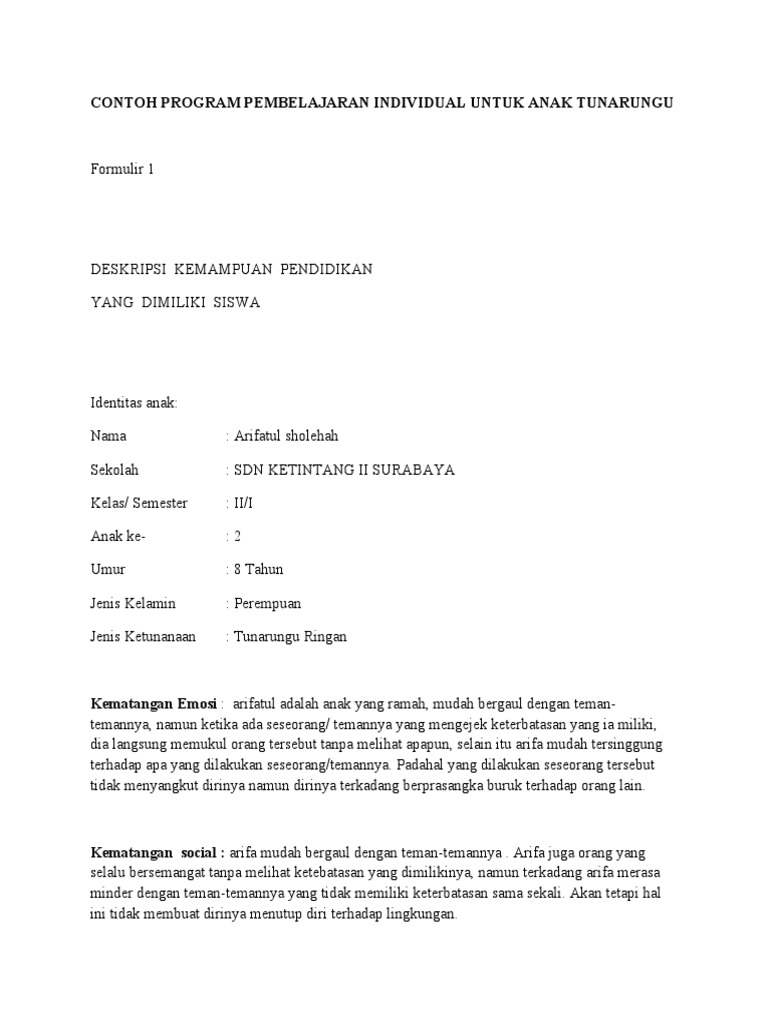 Contoh Program Pembelajaran Individual Untuk Anak Tunarungu | PDF
