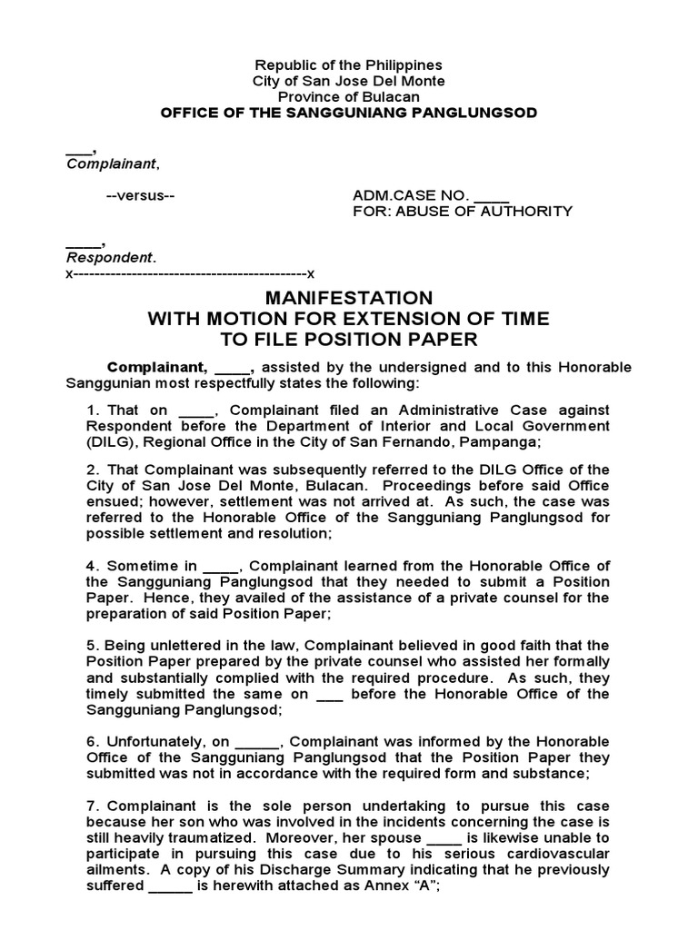 Manifestation With Motion For Extension of Time To File Position Paper ...