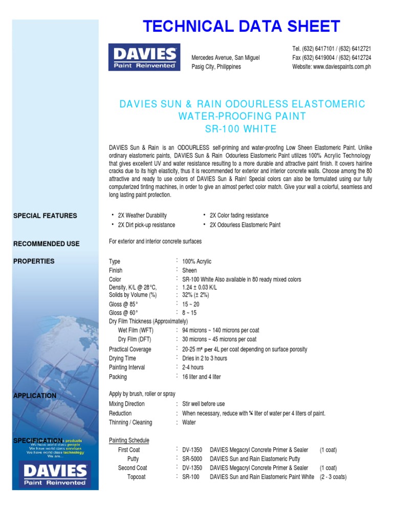 Technical Data Sheet: Water-Proofing Paint SR-100 WHITE Davies Sun ...