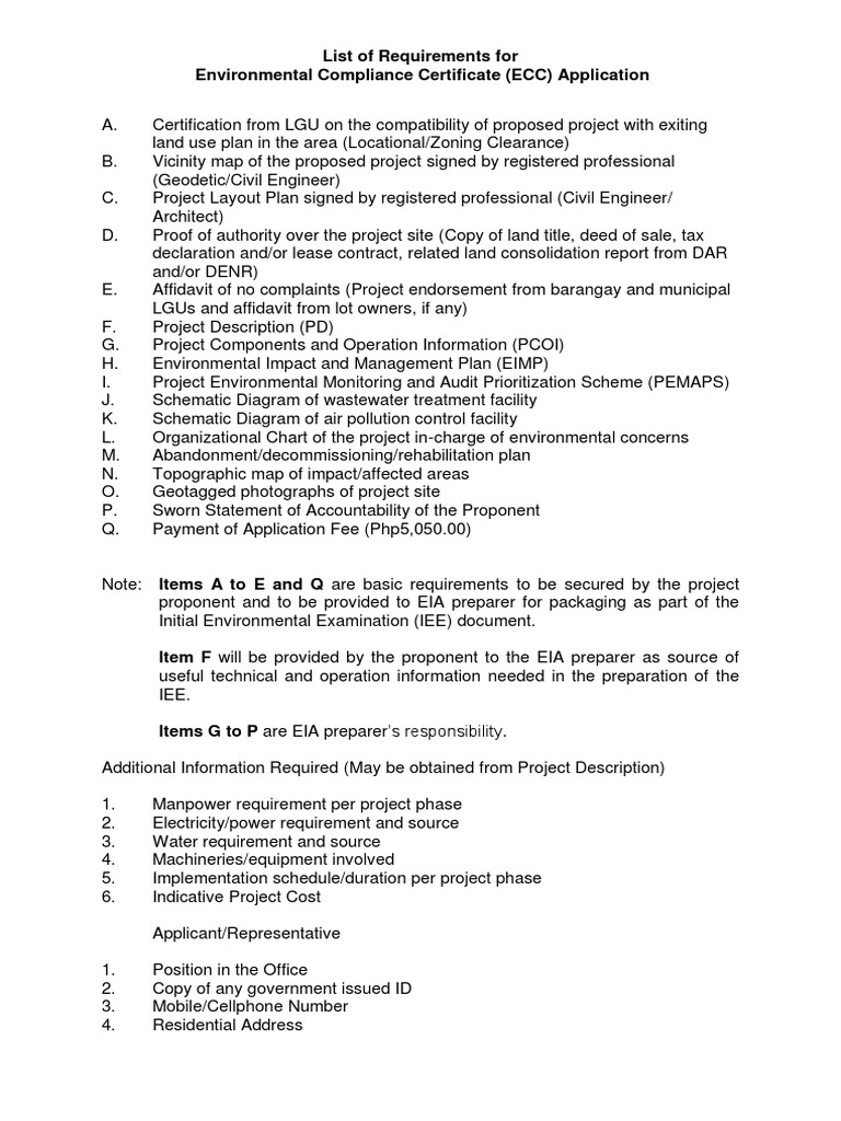 List of Requirements For Environmental Compliance Certificate (ECC ...
