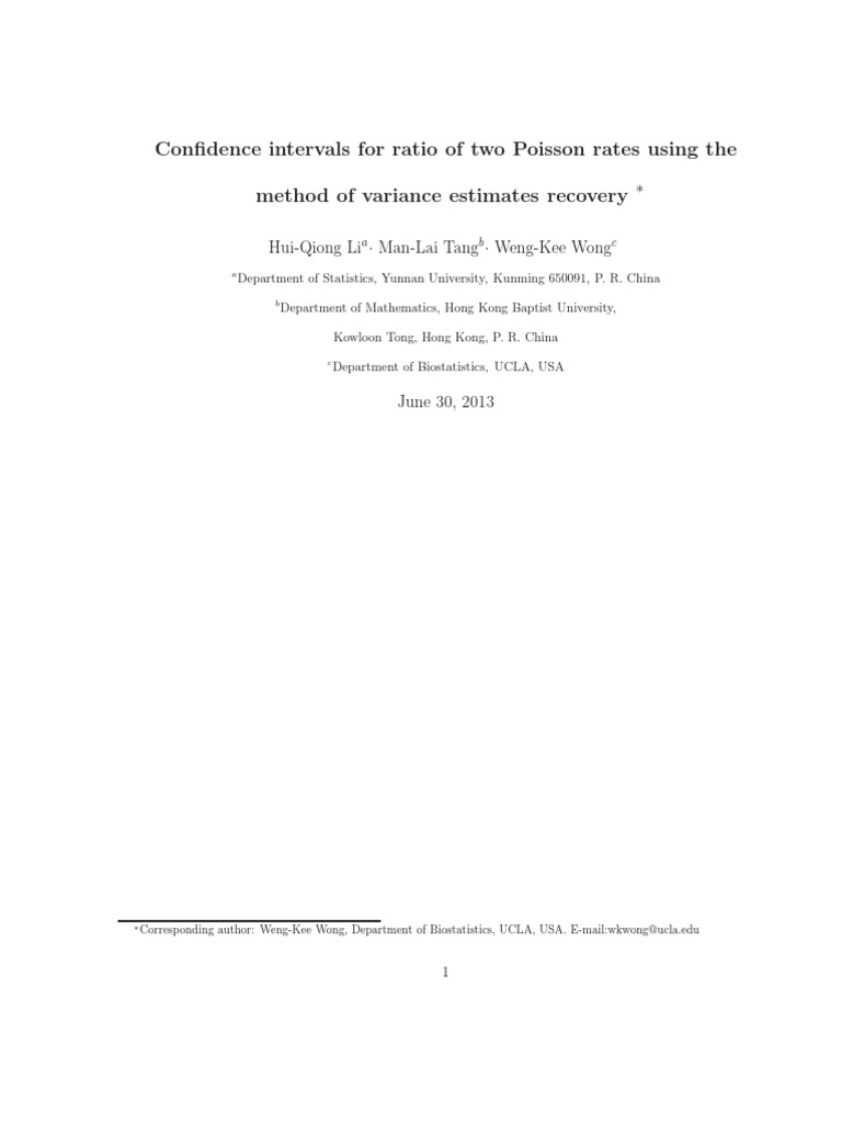 Confidence Intervals For Ratio of Two Poisson Rates Using The Method of ...