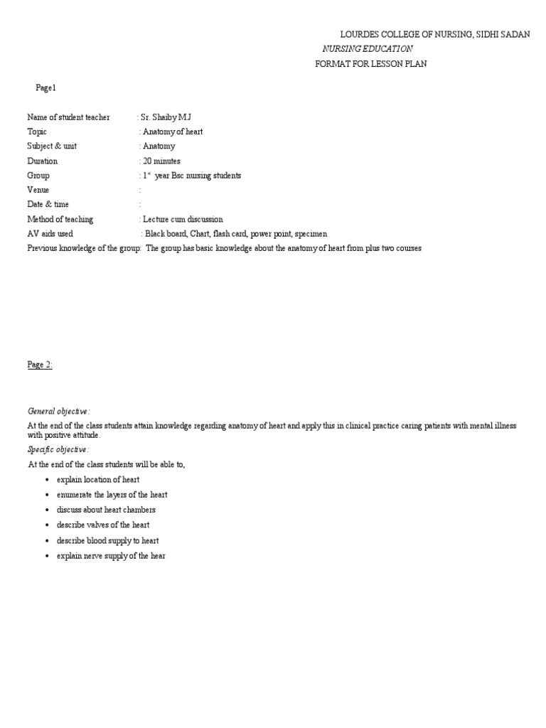Anatomy of Heart Lesson Plan For Nursing First Year | PDF | Heart Valve ...