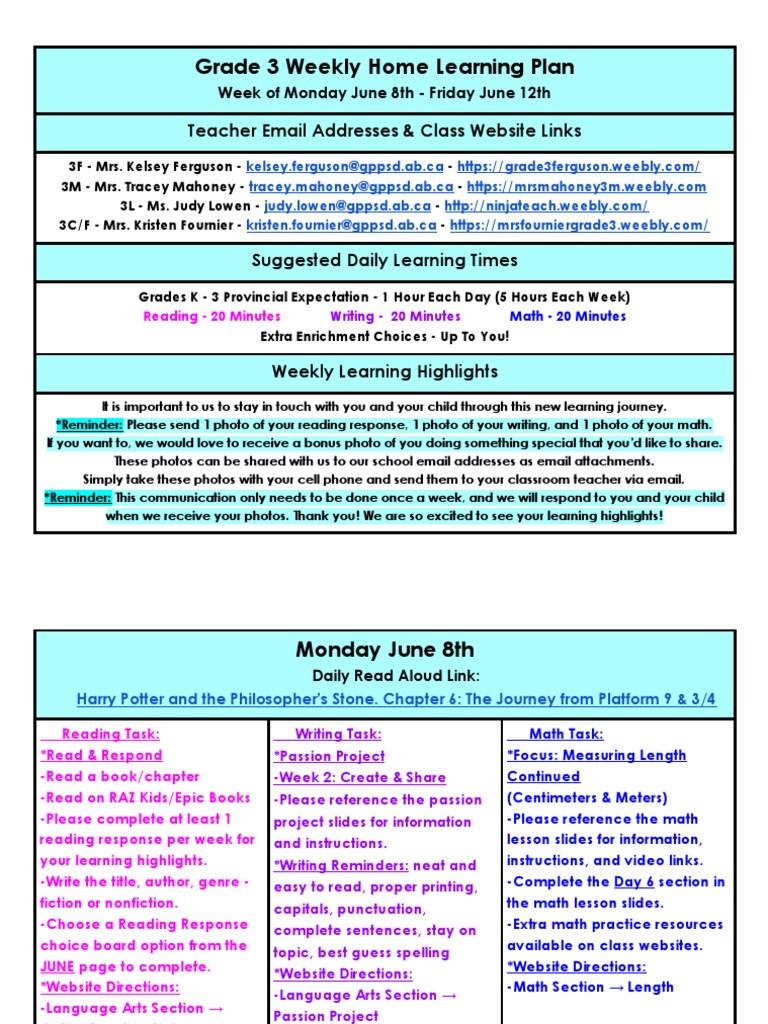 June 8 - June 12 - Grade 3 Weekly Home Learning Plan | PDF | Books ...